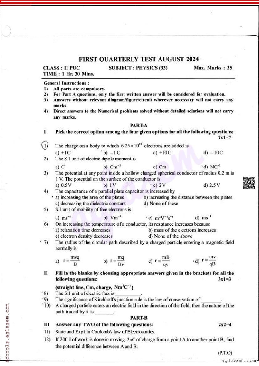 Karnataka 2nd PUC Quarterly Exam Physics Question Paper 2024 PDF ...