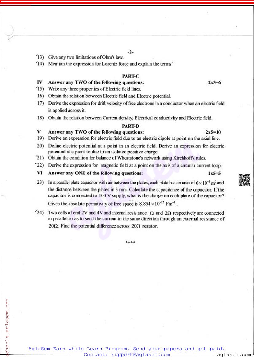 Karnataka 2nd PUC Quarterly Exam Physics Question Paper 2024 PDF - Download Here - AglaSem