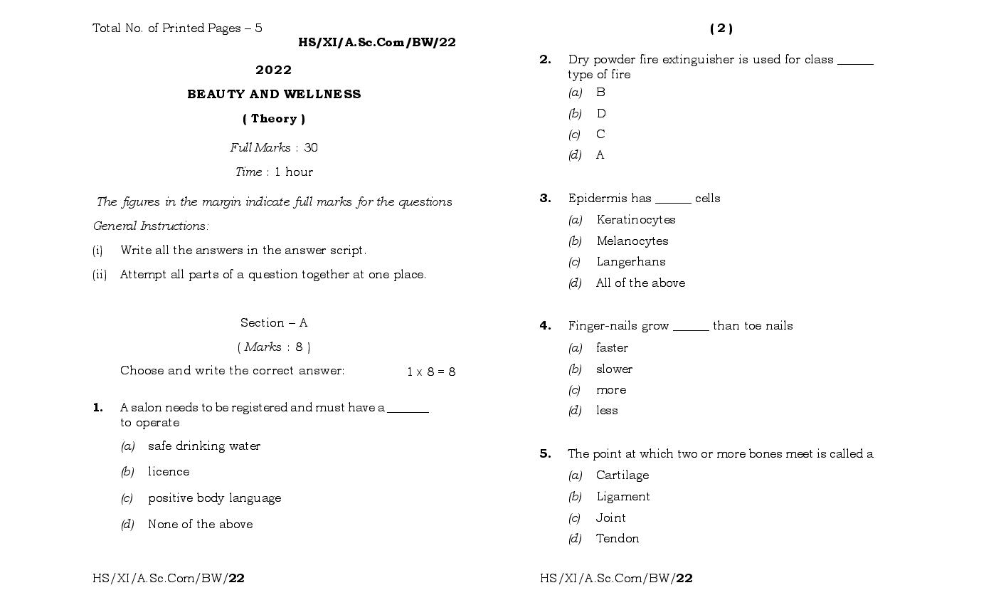 MBOSE Class 11 Question Paper 2022 For Beauty Wellbess