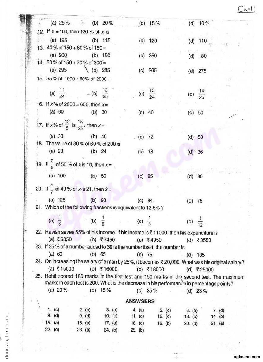 RD Sharma Solutions Class 7 Chapter 11 Percentage MCQ