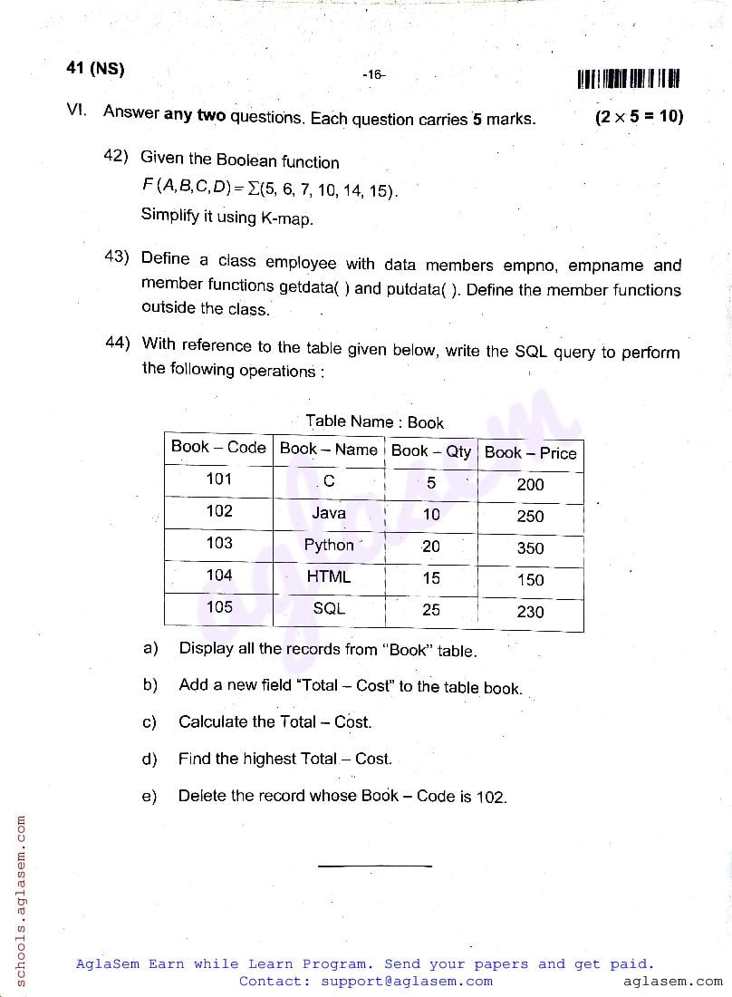 Karnataka 2nd PUC Computer Science Question Paper 2025 (PDF) - Download KSEB 12th PYQP - AglaSem