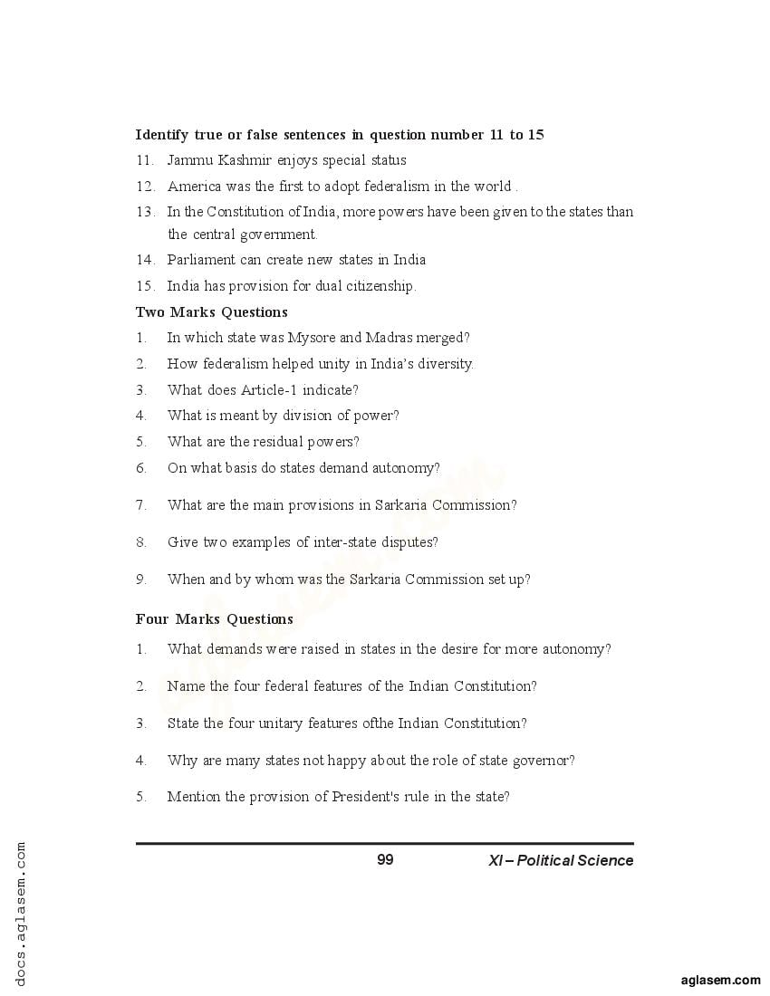 Class 11 Political Science Notes for Federalism (PDF) - Study Material ...