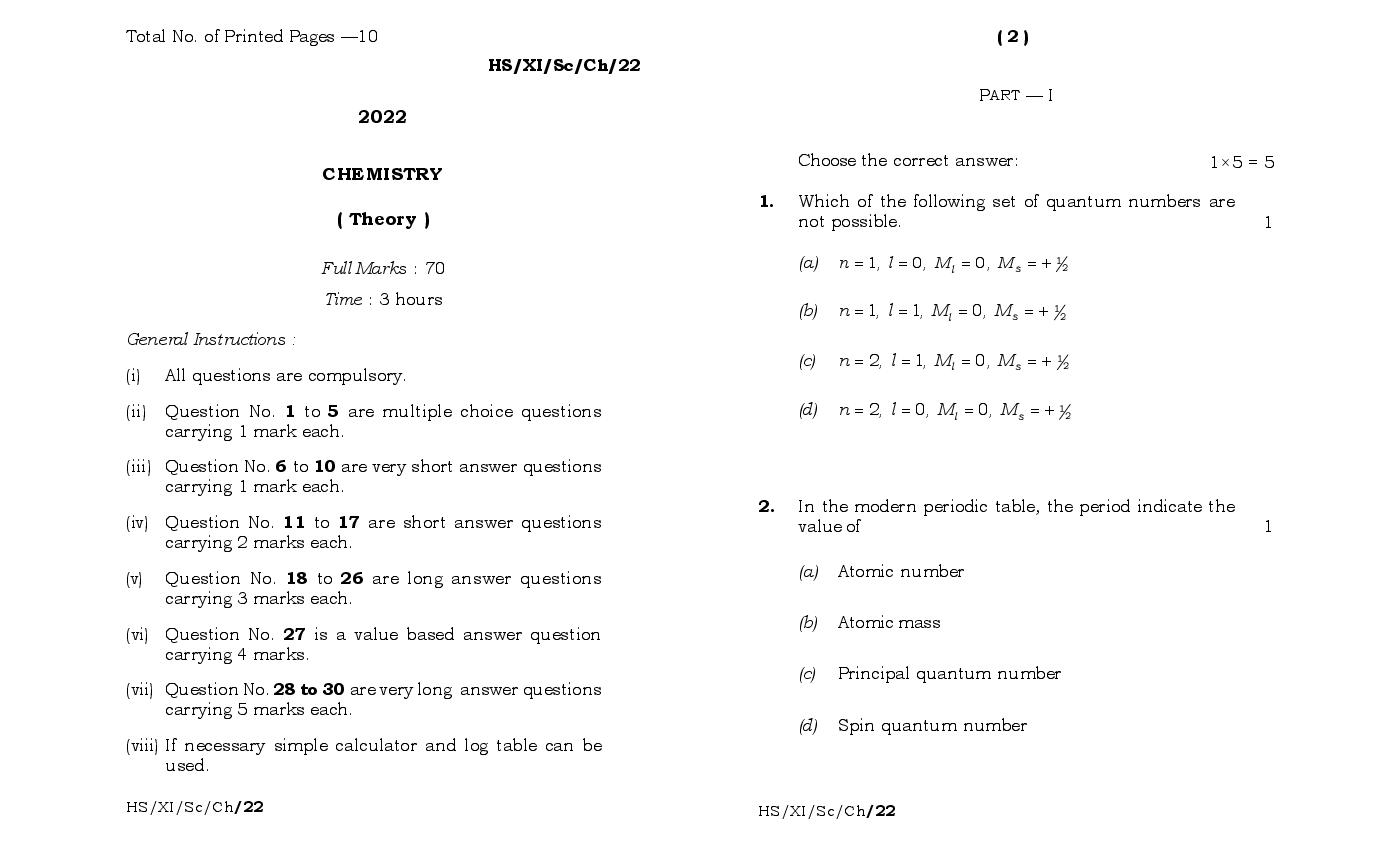 MBOSE Class 11 Question Paper 2022 For Chemistry MBOSE Class 11 Question Paper 2022 For Chemistry