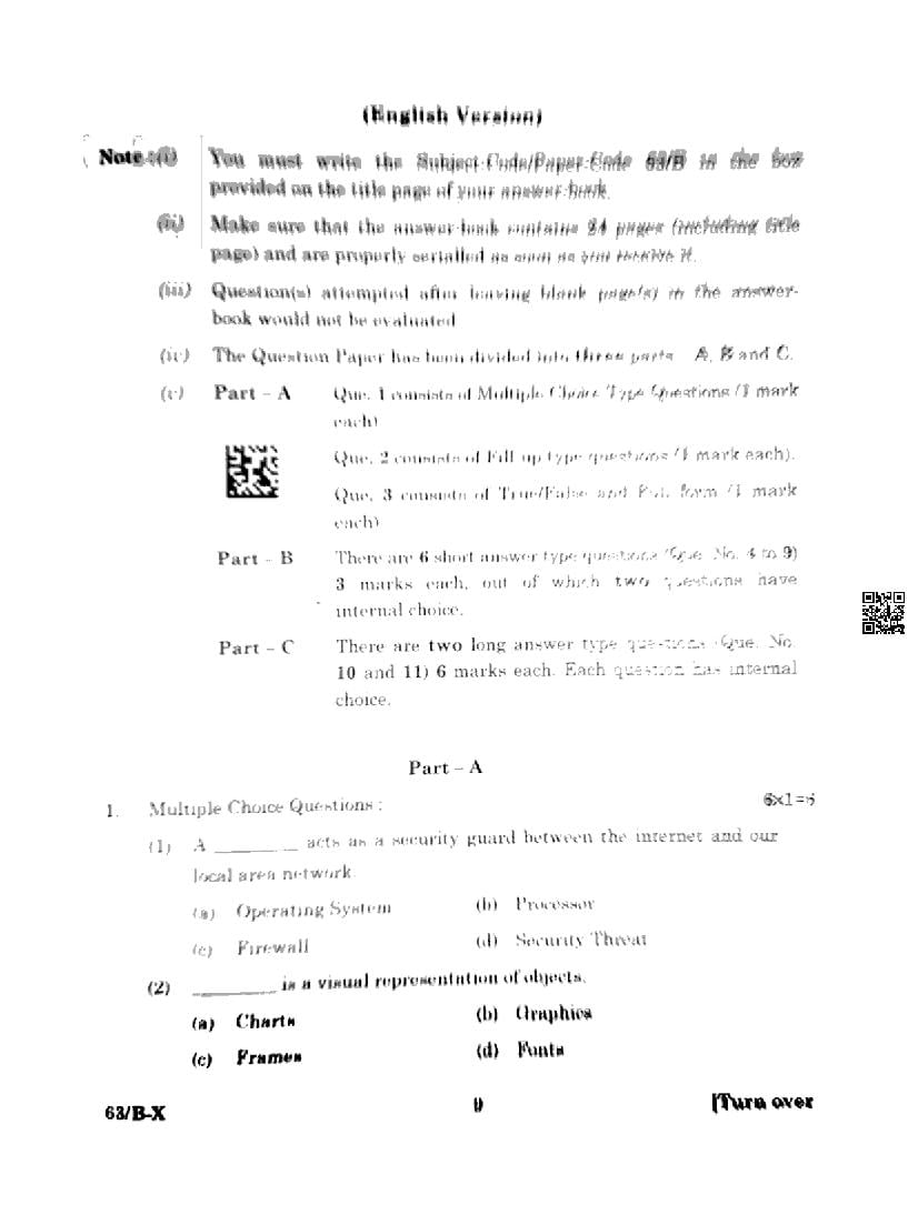 Punjab Board Class 10 Computer Science Question Paper 2024 PDF - Download PSEB 10th PYQP - AglaSem