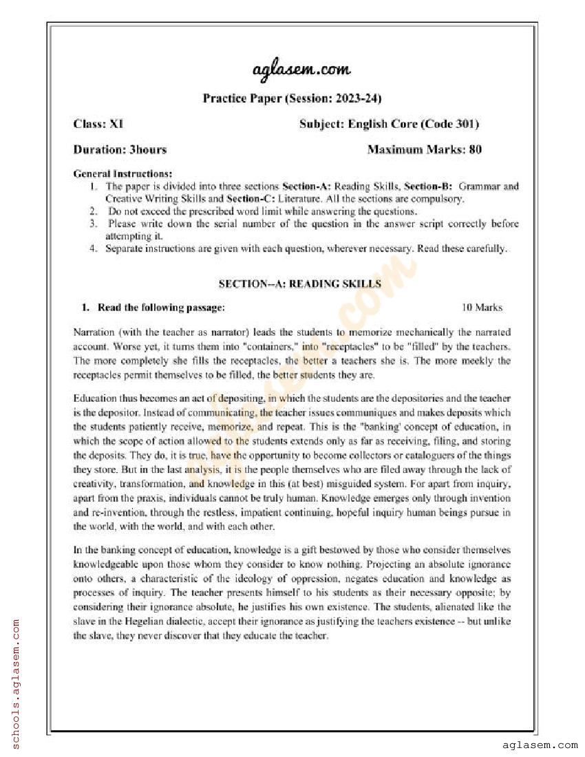 Class 11 English Sample Paper 2024 PDF Download Self Study Practice