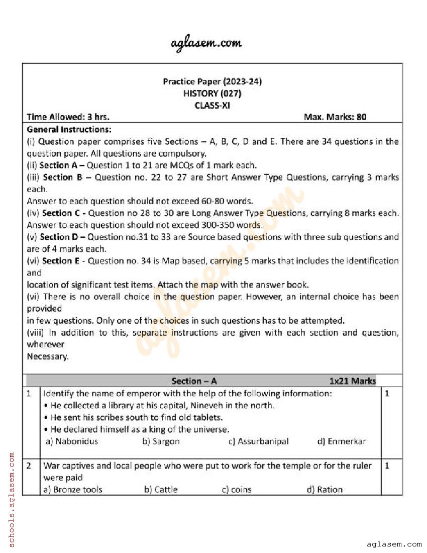 Class 11 History Sample Paper 2024 PDF Download Self Study Practice Class 11 History Sample Paper 2024 PDF Download Self Study Practice
